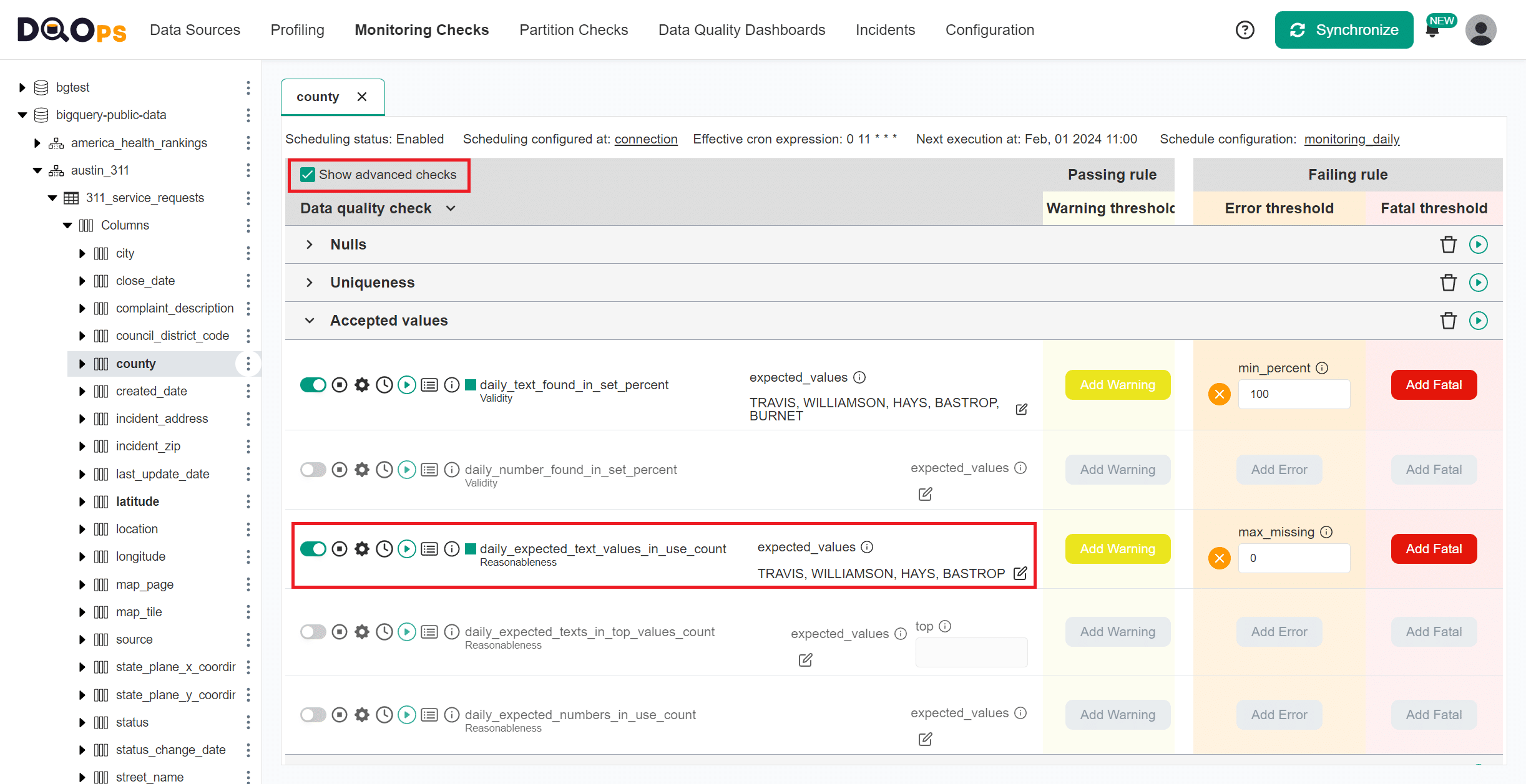 How to validate accepted values in columns