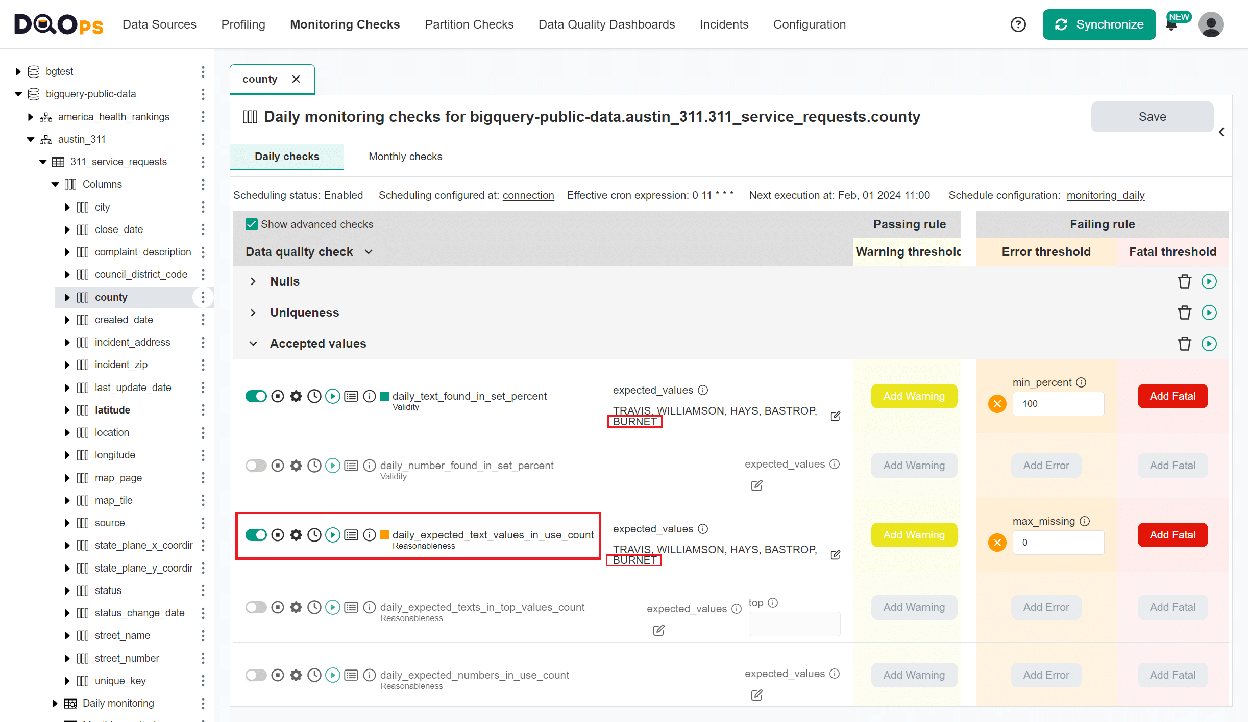 How to validate accepted values in columns