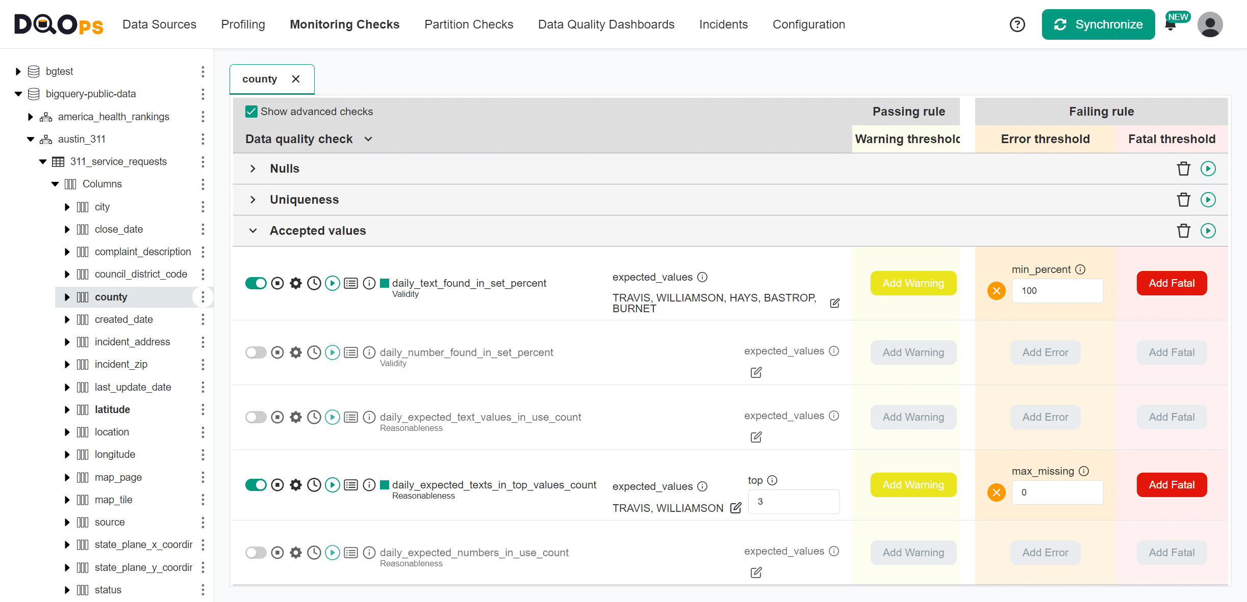 How to validate accepted values in columns