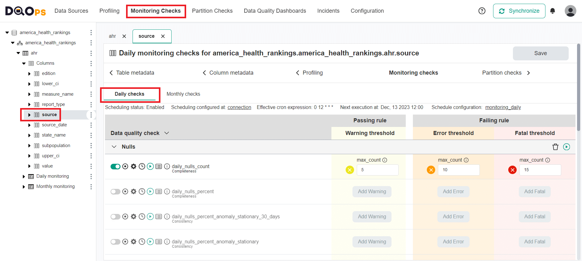 How to detect null values using data quality checks