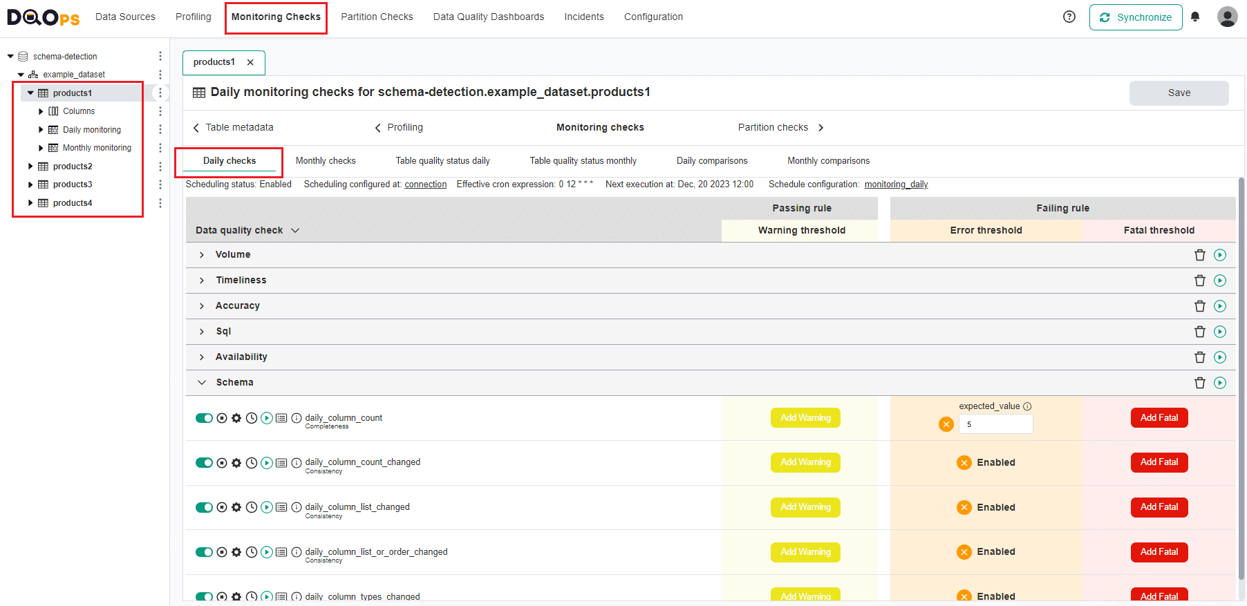 How to detect table schema changes using data observability checks