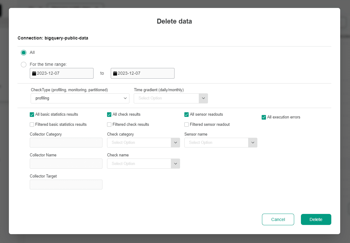 Delete data quality results