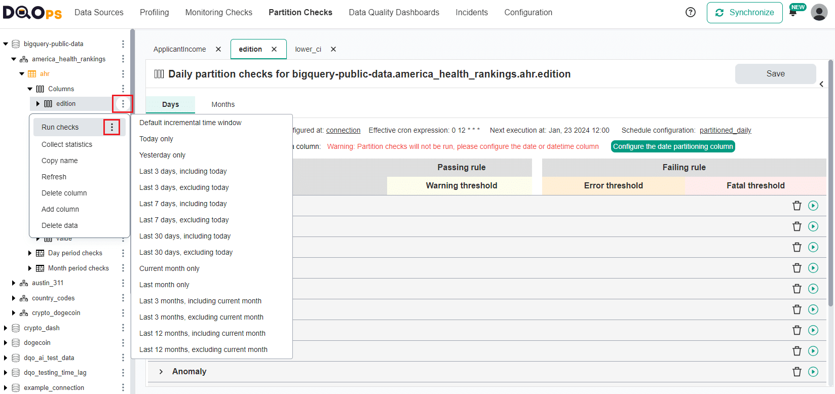 Incremental data quality monitoring for partitioned data